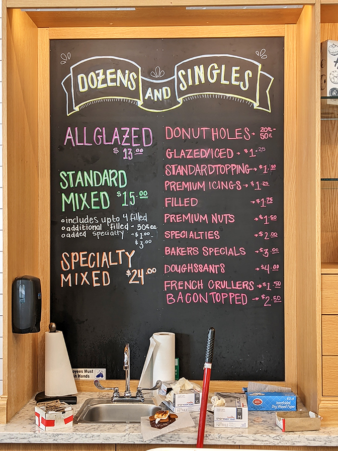 The chalkboard menu at Holtman's is like a roadmap to happiness. Each line represents a different path to donut nirvana.