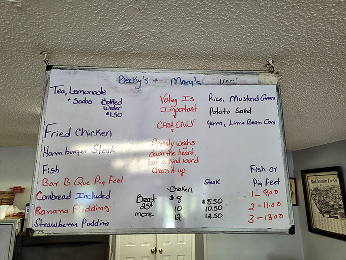 This menu board tells you everything you need to know about life's priorities. Fried chicken first, philosophy included.