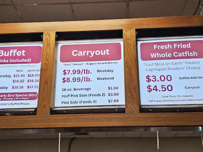 Those menu boards tell a story of value that's increasingly rare these days&mdash;where else can you add fresh fried whole catfish to your buffet experience?