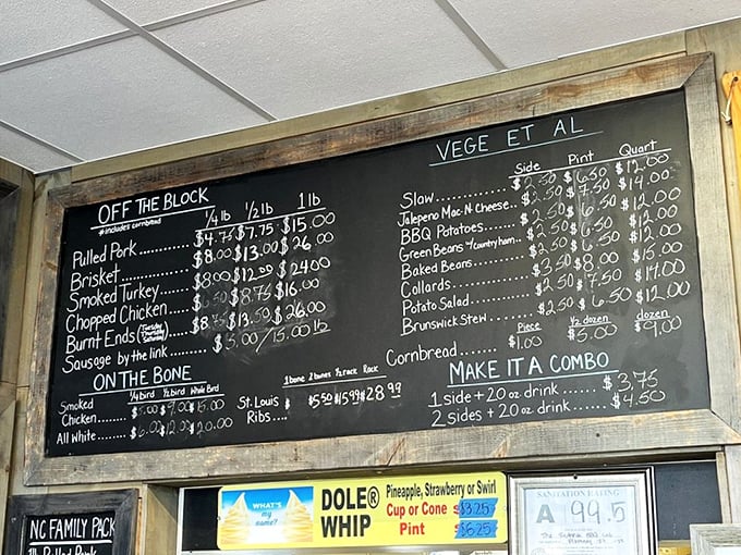 The chalkboard menu reads like a carnivore's dream journal. No need for fancy fonts when the words "Brisket" and "Burnt Ends" are involved.