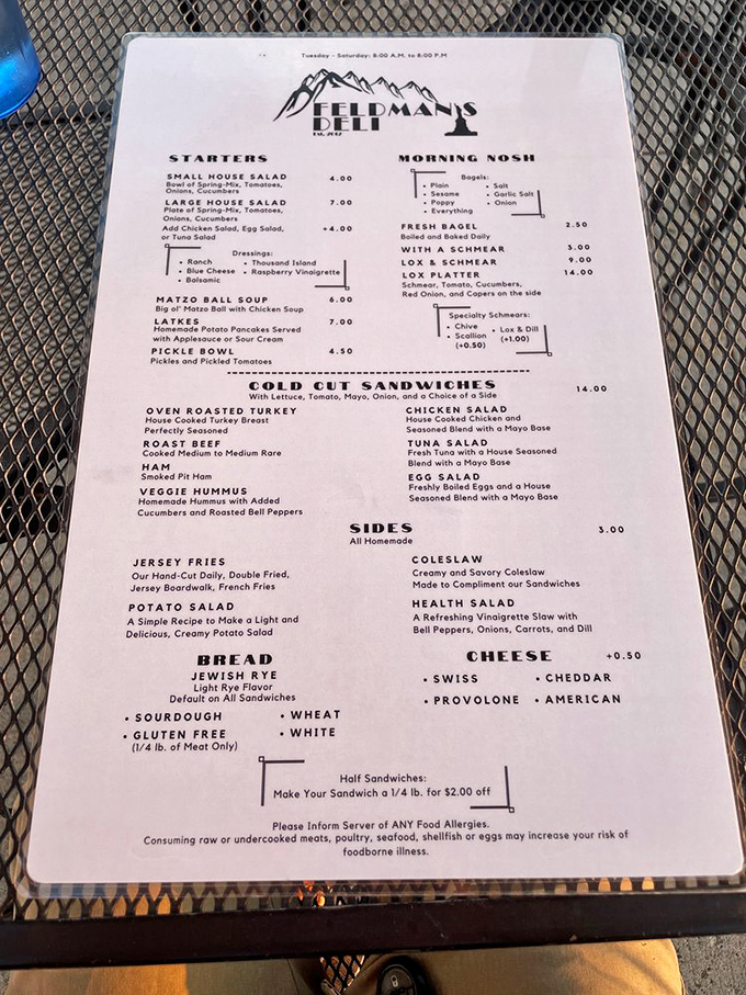 This menu reads like a love letter to Jewish deli classics. No fancy descriptions needed when the food speaks this eloquently.