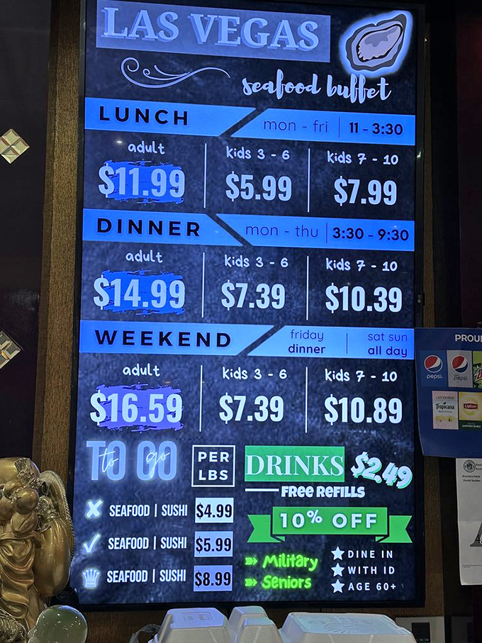 The menu board&mdash;a mathematical equation where affordability meets abundance. The only numbers that matter when planning your strategic buffet attack.
