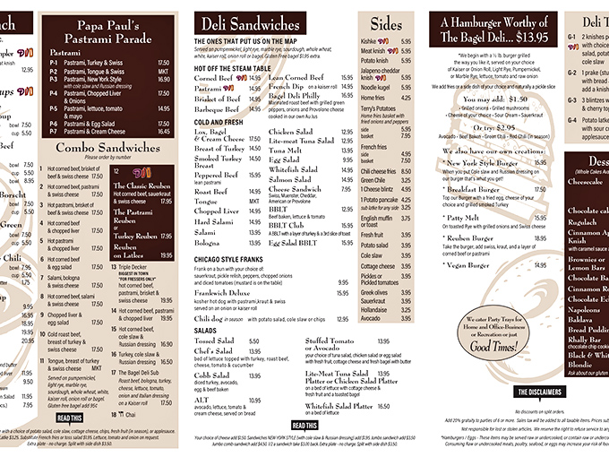 A menu that requires reading glasses and decision-making skills. The "Papa Paul's Pastrami Parade" isn't just a sandwich, it's a commitment.