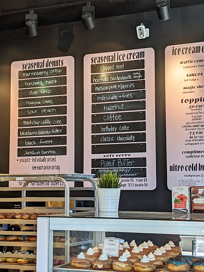 The menu board reads like a mad scientist's flavor laboratory. "Mango Raspberry Crisp" and "Horchata Twist" are just the beginning of this sweet adventure. 