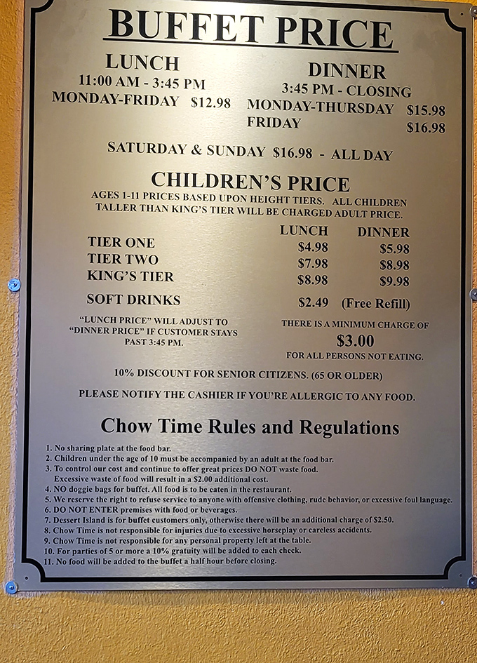 The sacred text of buffet dining. Notice how they measure children by height, not age&mdash;a practical approach to growing appetites.