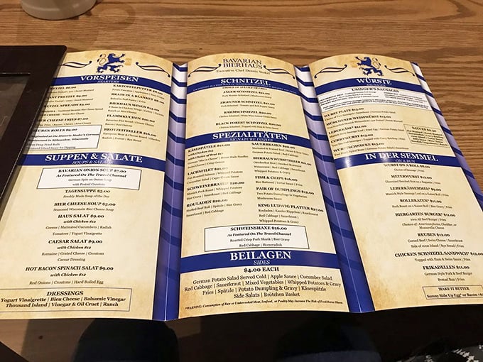 The menu reads like a love letter to German cuisine, each dish name a delicious tongue-twister worth practicing just to taste.