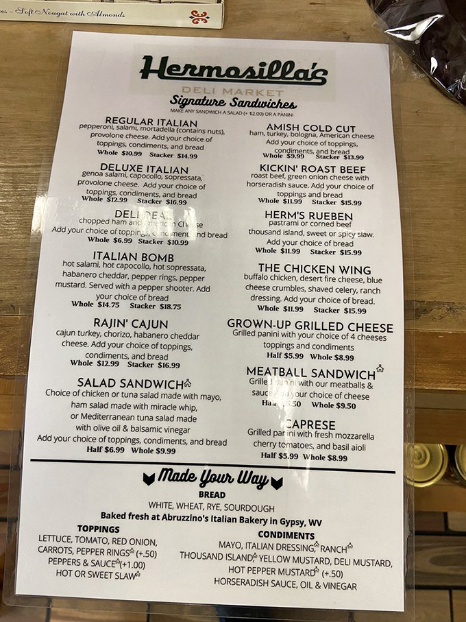 This menu isn't just a list of options&mdash;it's a roadmap to sandwich nirvana. Each offering sounds better than the last, creating the best kind of decision paralysis.