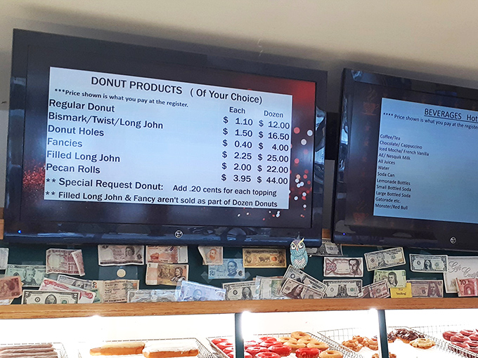 The menu board that's launched a thousand diet exceptions. Those international currencies below aren't just decoration&mdash;they're testimonials from travelers who found donut nirvana.
