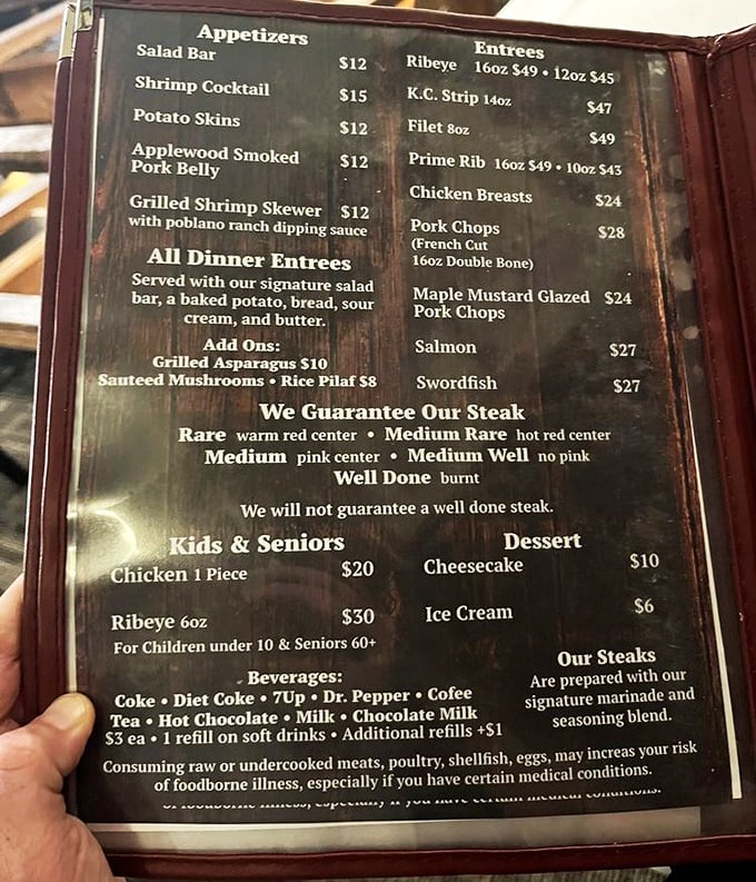 A menu that doesn't mince words: "We will not guarantee a well done steak." That's not attitude &ndash; that's the confidence of people who respect beef.