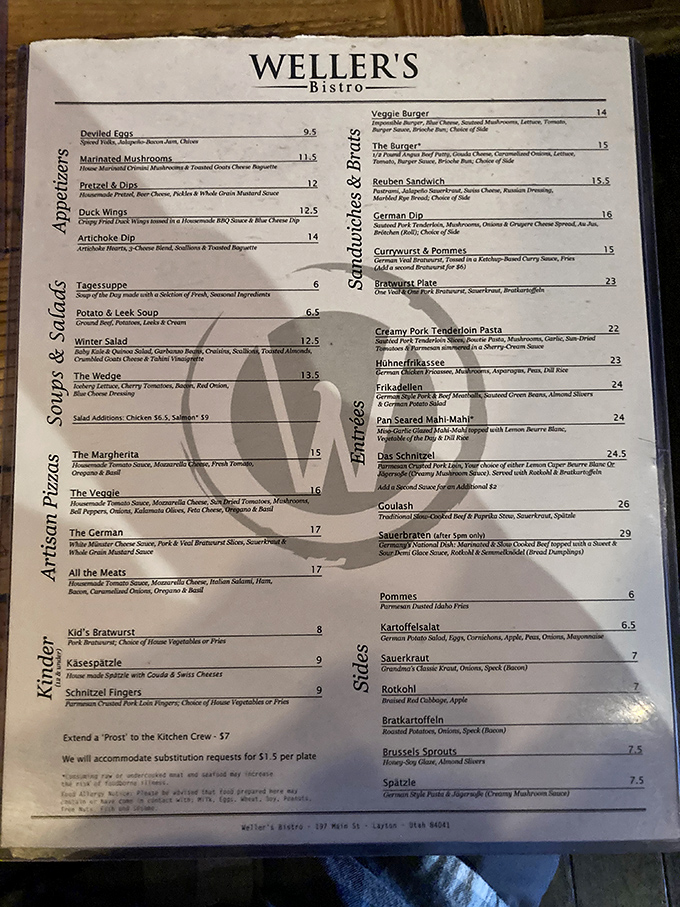 A menu that reads like a love letter to German cuisine. Notice how they snuck "Extend a 'Prost' to the Kitchen Crew" at the bottom? Class act.