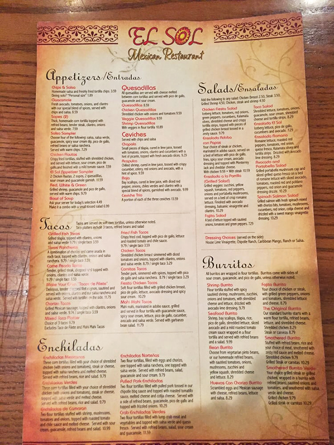 This menu isn't just a list of dishes&mdash;it's a roadmap to happiness. Each description promises a journey worth taking, especially in the enchilada section.