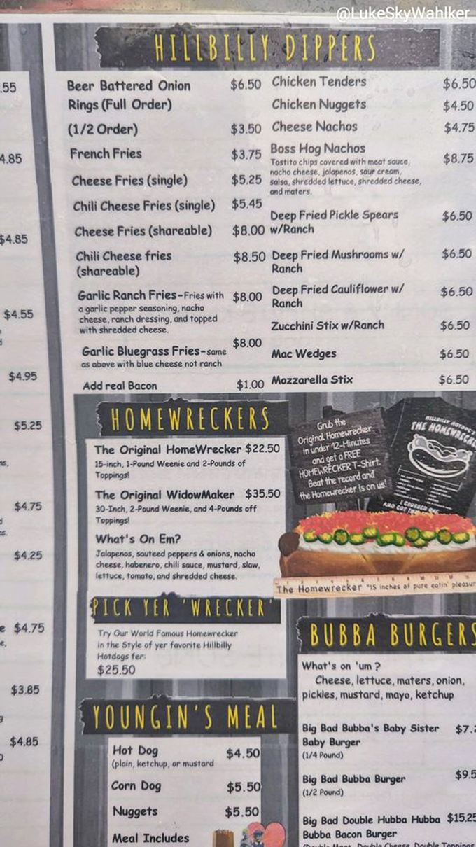 The menu of dreams&mdash;or nightmares, depending on your cardiologist's perspective. The "Homewrecker" isn't just a meal, it's a commitment.