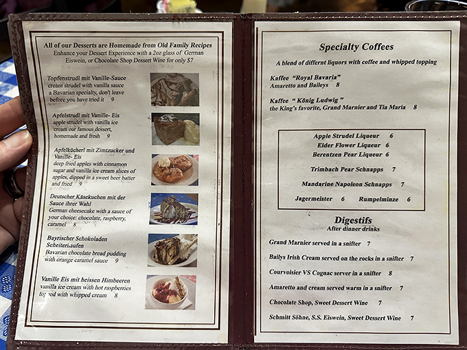 Desserts that would make your German grandmother weep with joy. The menu promises old family recipes and specialty coffees that turn dinner into an event.