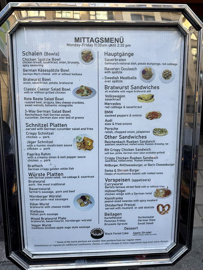 The menu reads like a delicious German geography lesson. Who knew cars and sausages could share naming conventions?