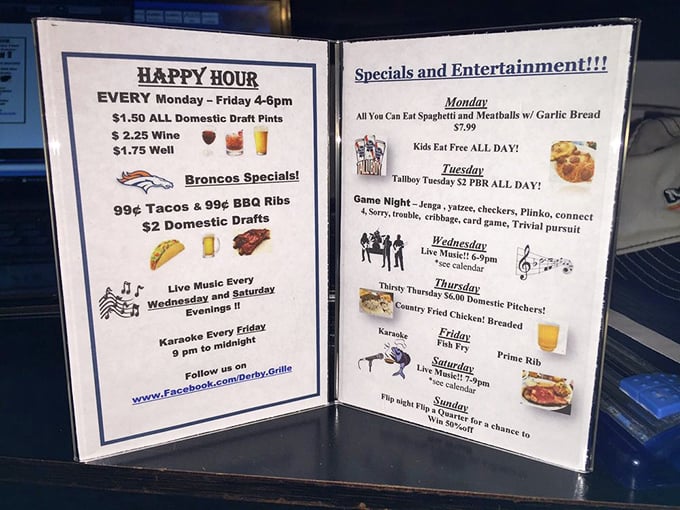 This menu isn't just food&mdash;it's a social calendar! From Monday spaghetti to "Thirsty Thursday," Derby Grille understands dining is about more than eating.