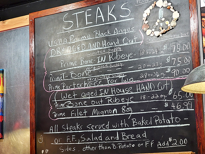 That chalkboard menu isn't just decoration&mdash;it's a carnivore's roadmap to happiness, with prices that reflect the premium quality.