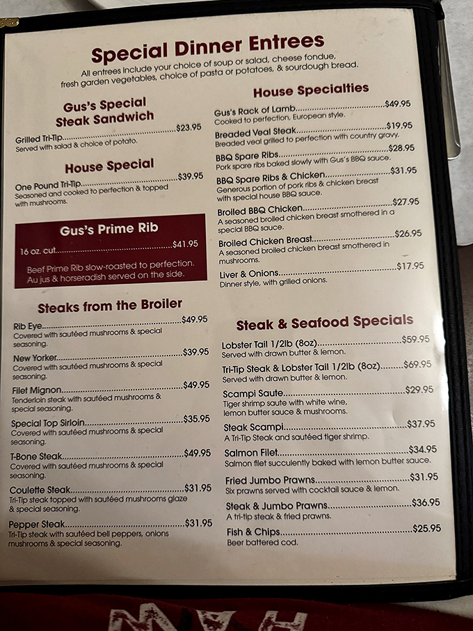 This menu isn't just a list of options&mdash;it's a roadmap to happiness with landmarks like "One Pound Tri-Tip" and "Rack of Lamb" beckoning hungry travelers.