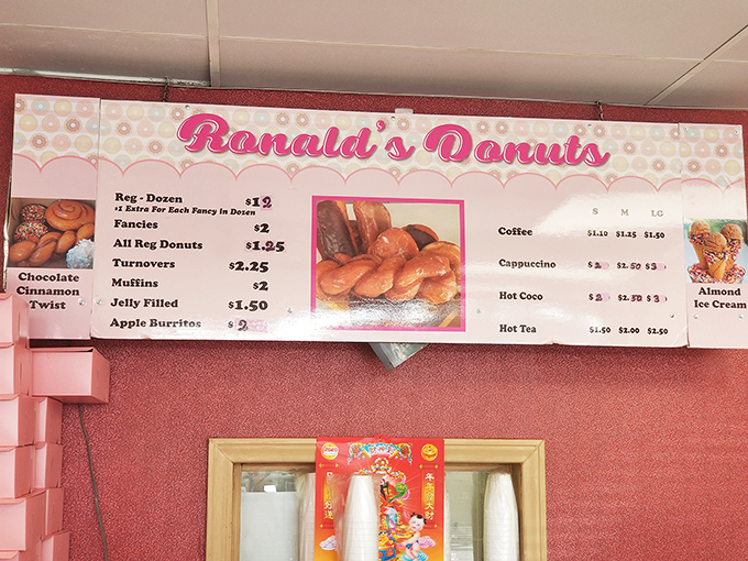 Behold, the menu of dreams! From classic glazed to exotic apple burritos, Ronald's offers a United Nations of fried dough delights.