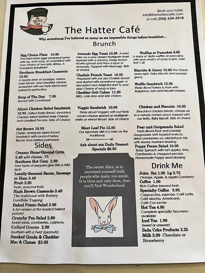 The menu itself is part of the experience, with Lewis Carroll quotes and playful dish names that make ordering as fun as eating.