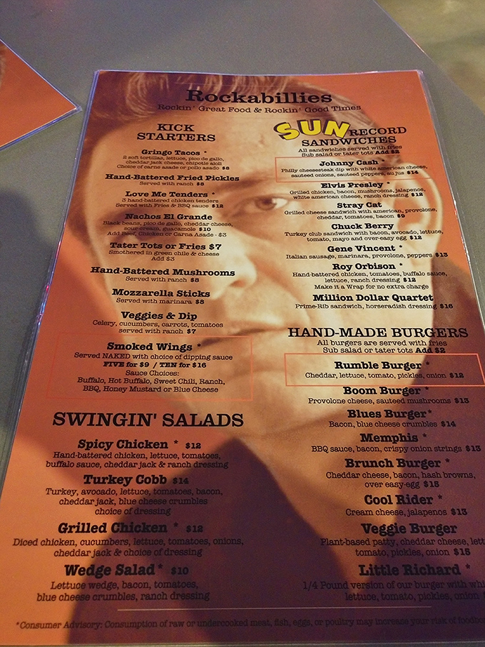 The menu reads like a rock and roll hall of fame—Johnny Cash sandwiches and Elvis Presley specials that would make the King himself all shook up.