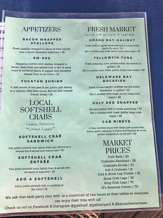 A menu that reads like poetry to seafood lovers. Each description is a tiny love letter to the Delaware waters.