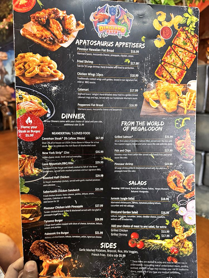 The menu reads like a paleontologist with a culinary degree got creative. "Apatosaurus Appetizers" might be the most scientifically delicious category ever created.