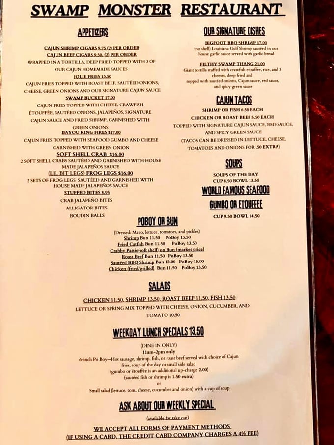 This menu isn't just a list of dishes &ndash; it's a roadmap to flavor country. The "Filthy Swamp Tilapia" alone deserves a pilgrimage.