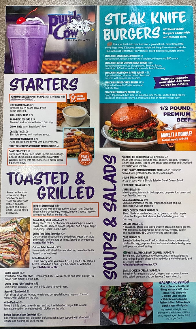 This menu isn't just a list&mdash;it's a roadmap to happiness. The Steak Knife Burgers section alone could make a vegetarian reconsider their life choices.