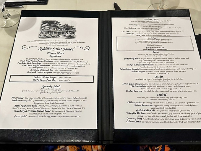 A menu that reads like a love letter to classic American cuisine. Each description promises a dish worth driving across state lines for.