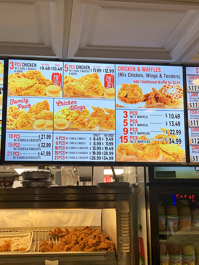 The menu board at Legends isn't just a list &ndash; it's a roadmap to happiness with chicken as your trusty vehicle and waffles as your delicious destination.
