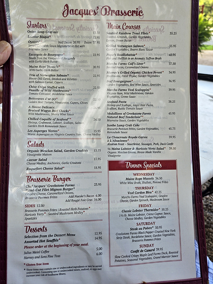 Jacques' Brasserie menu reads like a love letter to Alsatian cuisine. I'm not saying I want to frame it, but I'm not saying I don't either.