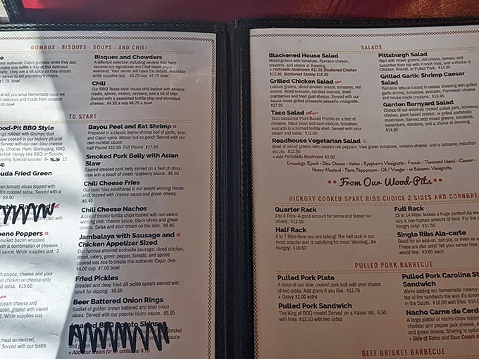 A menu that reads like a love letter to American barbecue. Each description promises a journey from Louisiana bayous to Texas smoke pits.