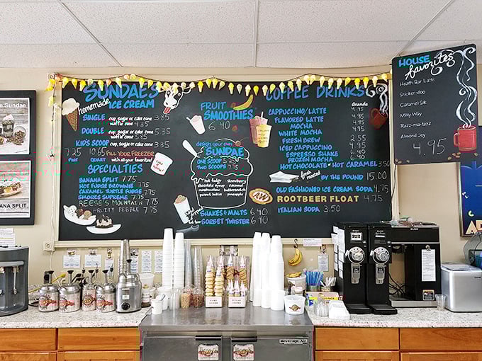 The chalkboard menu&mdash;ice cream's equivalent of the Rosetta Stone&mdash;deciphers a world of frozen delights and coffee treasures. Those colorful lights aren't just decorative; they're celebration flags.