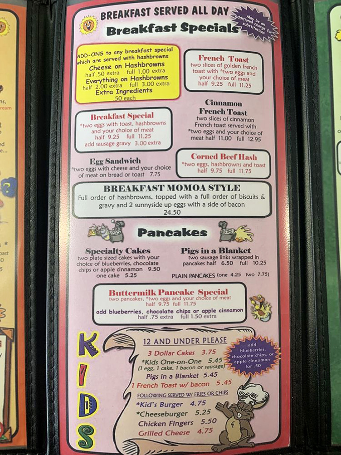 A menu that reads like breakfast poetry. No molecular gastronomy here—just the timeless classics that have fueled Des Moines mornings for decades.