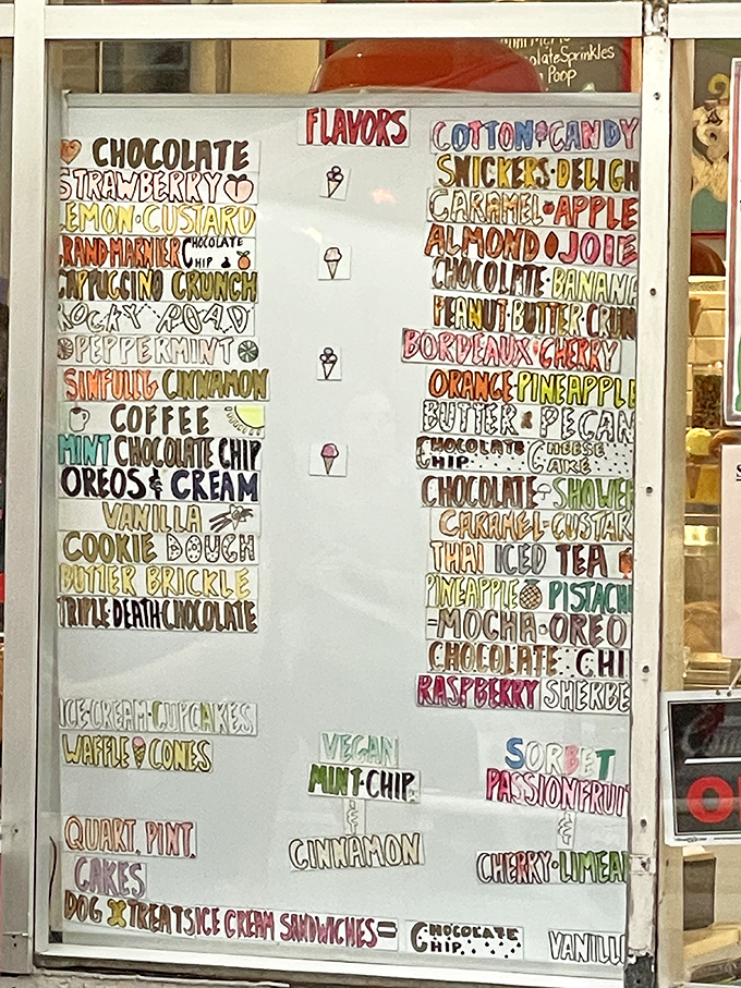 This hand-lettered flavor board isn't just a menu&mdash;it's a roadmap to happiness with destinations like Triple Death Chocolate and Bordeaux Cherry.