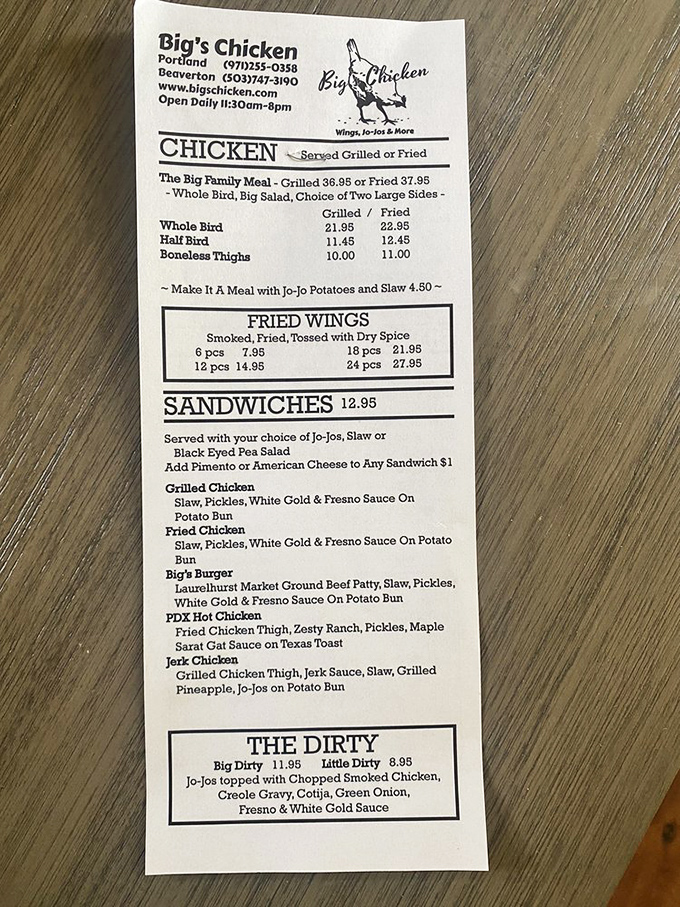 A menu that cuts to the chase: chicken done two ways (both right), sandwiches that demand two hands, and "The Dirty" that'll make you rethink potatoes forever. 