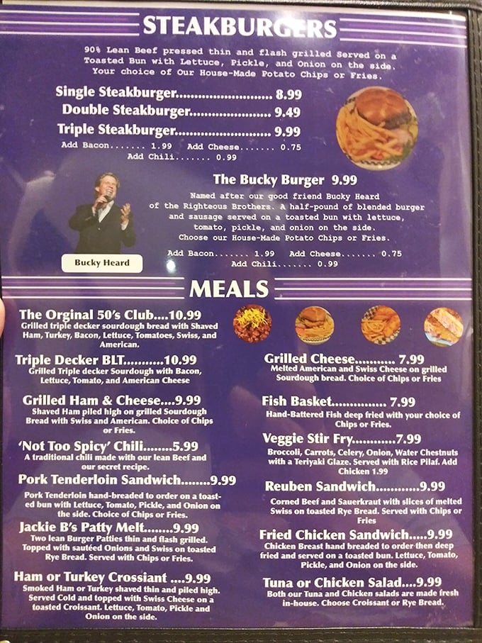 This menu isn't just a list of food—it's a roadmap to comfort food nirvana, where the Bucky Burger reigns supreme and decisions become deliciously difficult.