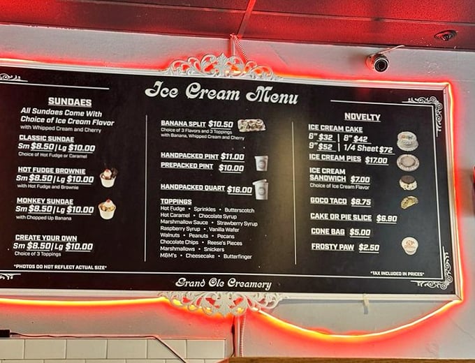 The menu board &ndash; a roadmap to happiness with sundaes, malts, and novelties that would make Willy Wonka himself take notes.