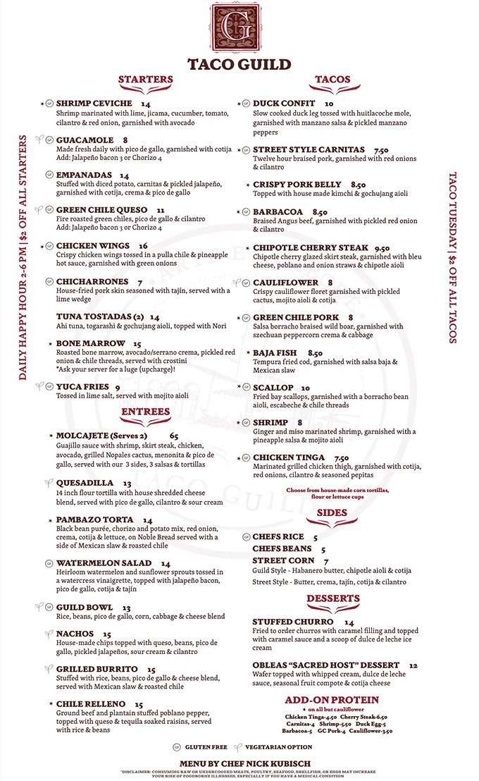 This menu isn't just a list&mdash;it's a roadmap to happiness. Duck confit tacos? Bone marrow? The Guild doesn't play by ordinary taqueria rules.