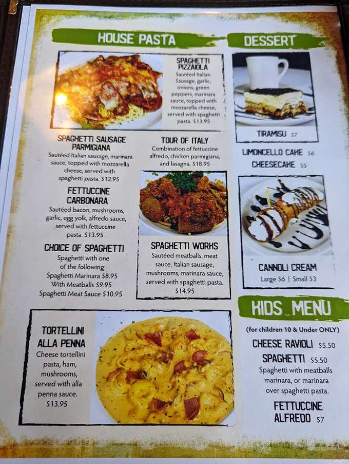 A menu that reads like a love letter to carbohydrates. The Tour of Italy is basically a passport without the TSA pat-down. 