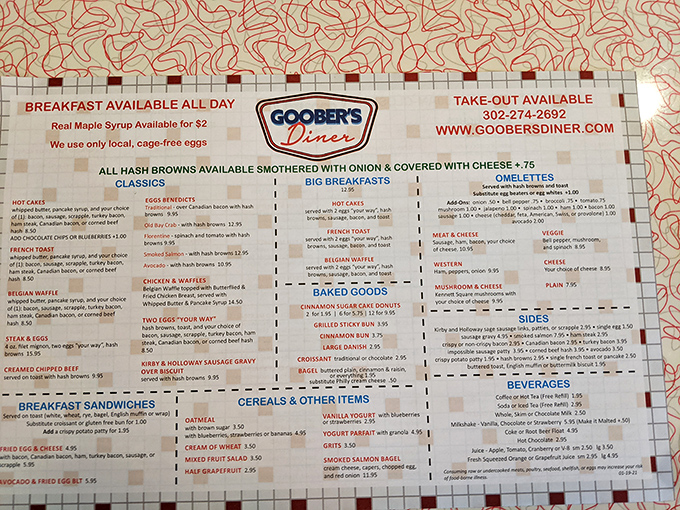 This menu isn't just a list of food—it's a historical document preserving the sacred texts of American comfort cuisine. Breakfast all day? That's freedom.