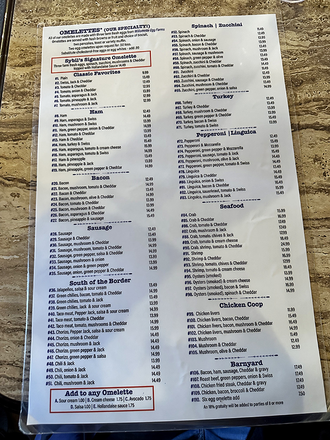 The legendary menu that launched a thousand food comas. With over 100 omelet combinations, decision paralysis has never been so delicious.