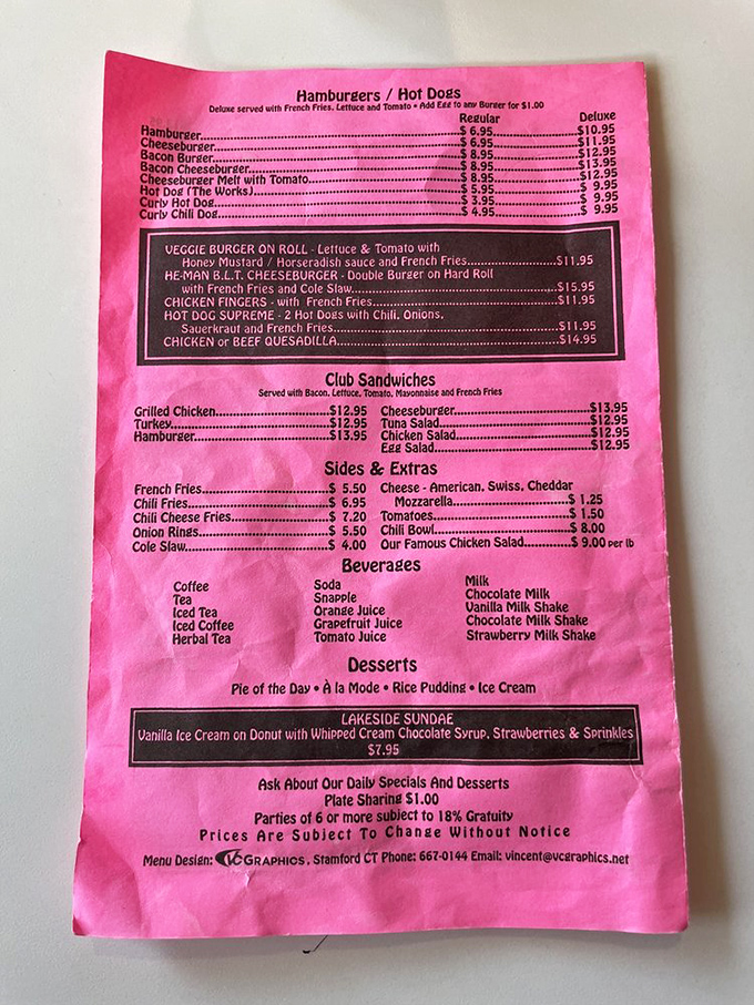 A pink menu that tells you everything you need to know about priorities - breakfast all day and a "Lakeside Sundae" that's worth saving room for.