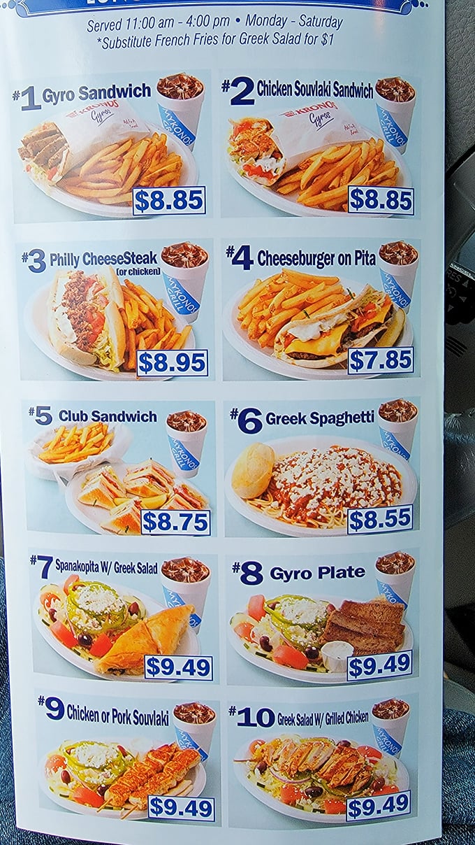 The lunch menu reads like a Mediterranean greatest hits album. Number one with a bullet? That legendary gyro sandwich.