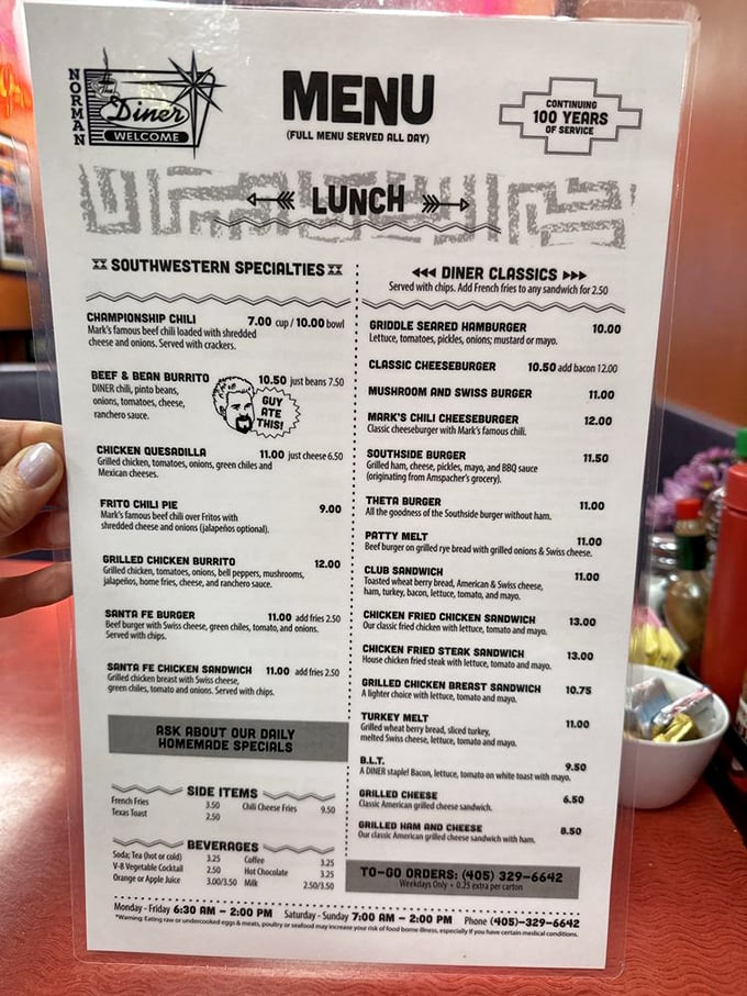 A menu that proudly announces "100 YEARS OF SERVICE" isn't just selling food&mdash;it's selling history with a side of southwestern flair.