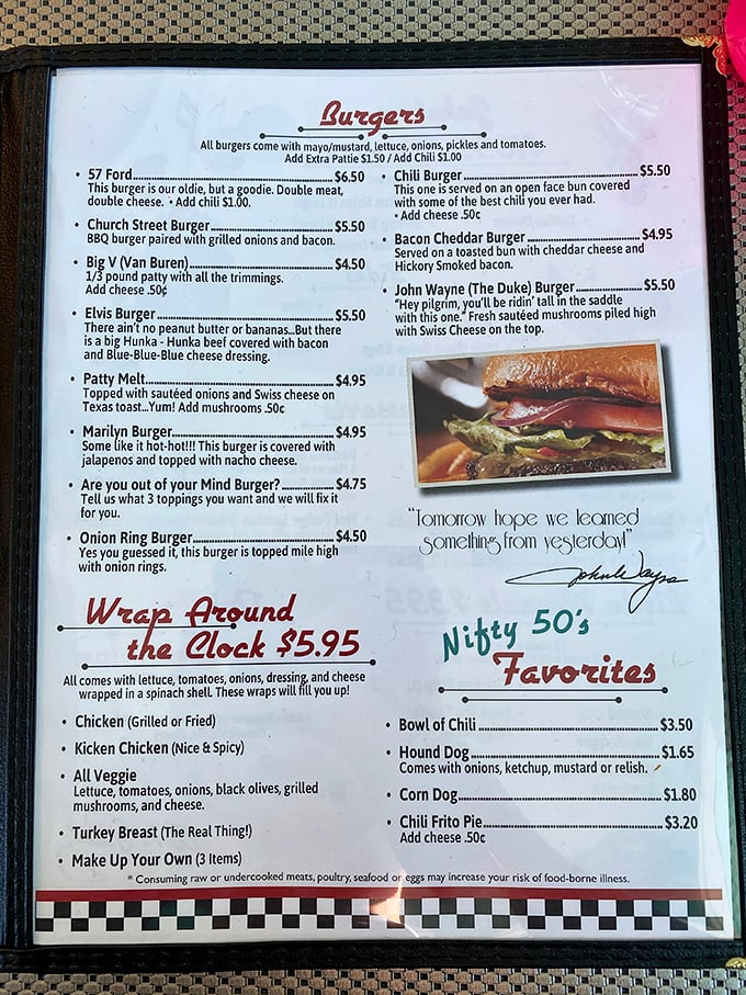 Not just food, but a history lesson! Each burger named after icons of the era, from the '57 Ford to The Duke himself.