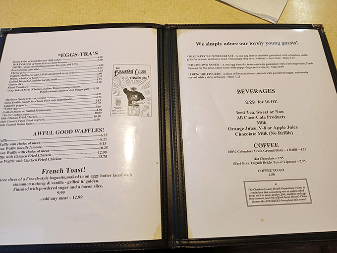 The menu reads like a love letter to breakfast enthusiasts. "AWFUL GOOD WAFFLES!" isn't false advertising&mdash;it's a promise they keep with every golden, crispy bite.