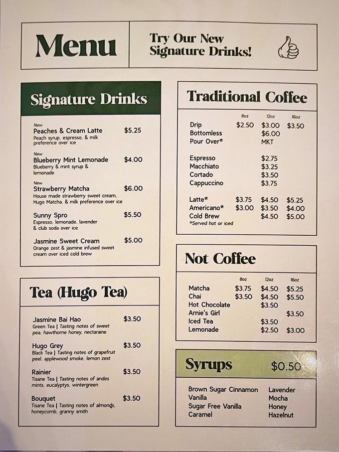 Menu poetry for coffee lovers. The Peaches & Cream Latte and Sunny Spro aren't just drinks&mdash;they're liquid personality tests waiting to happen.