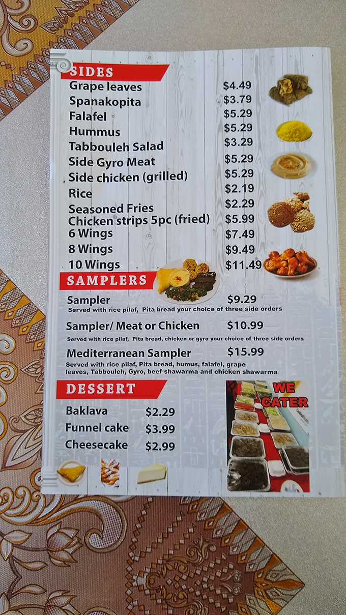 A menu that reads like a Mediterranean passport—from spanakopita to baklava, with prices that won't have you checking your retirement account.