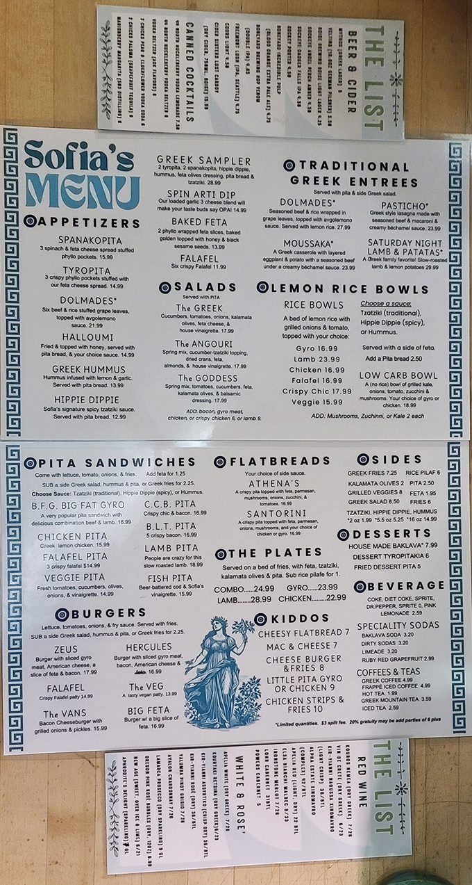 The menu reads like a love letter to Greek cuisine. From gyros to moussaka, each dish promises a passport stamp without the jet lag.